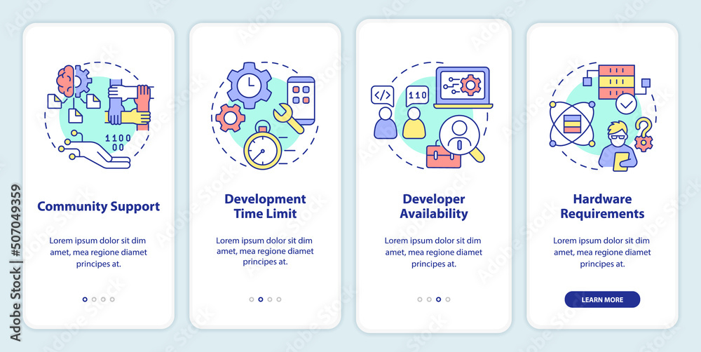 Programing language selection criteria onboarding mobile app screen. Walkthrough 4 steps graphic ...