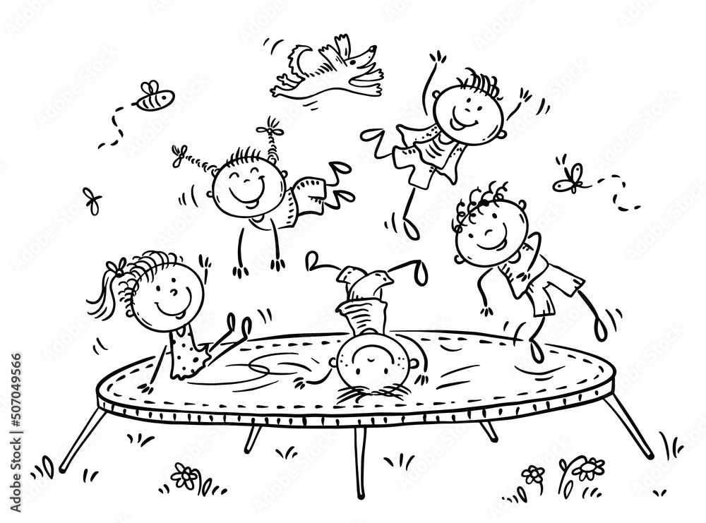 Cartoon happy doodle kids jumping on trampoline, outline illustration ...
