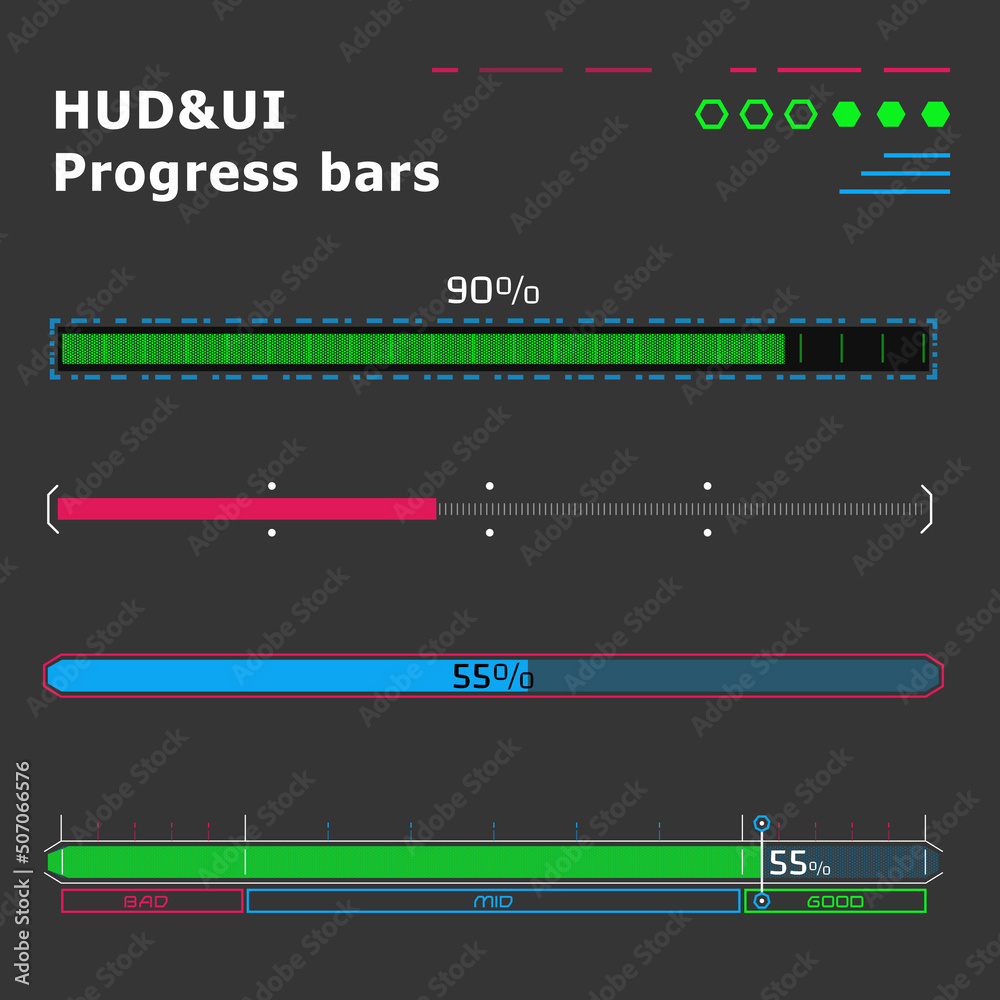 เวกเตอร์ Stock Pack of the HUD UX UI progress bar and loading process ...