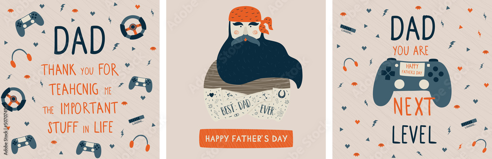 Funny Fathers day card set. Father gamer. Dad quotes, father portrait ...