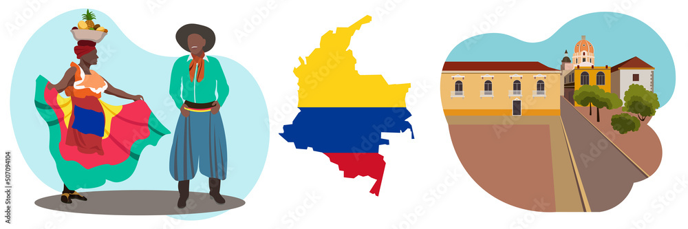 Characters in Colombian national dress and with a bowl of fruit on his ...