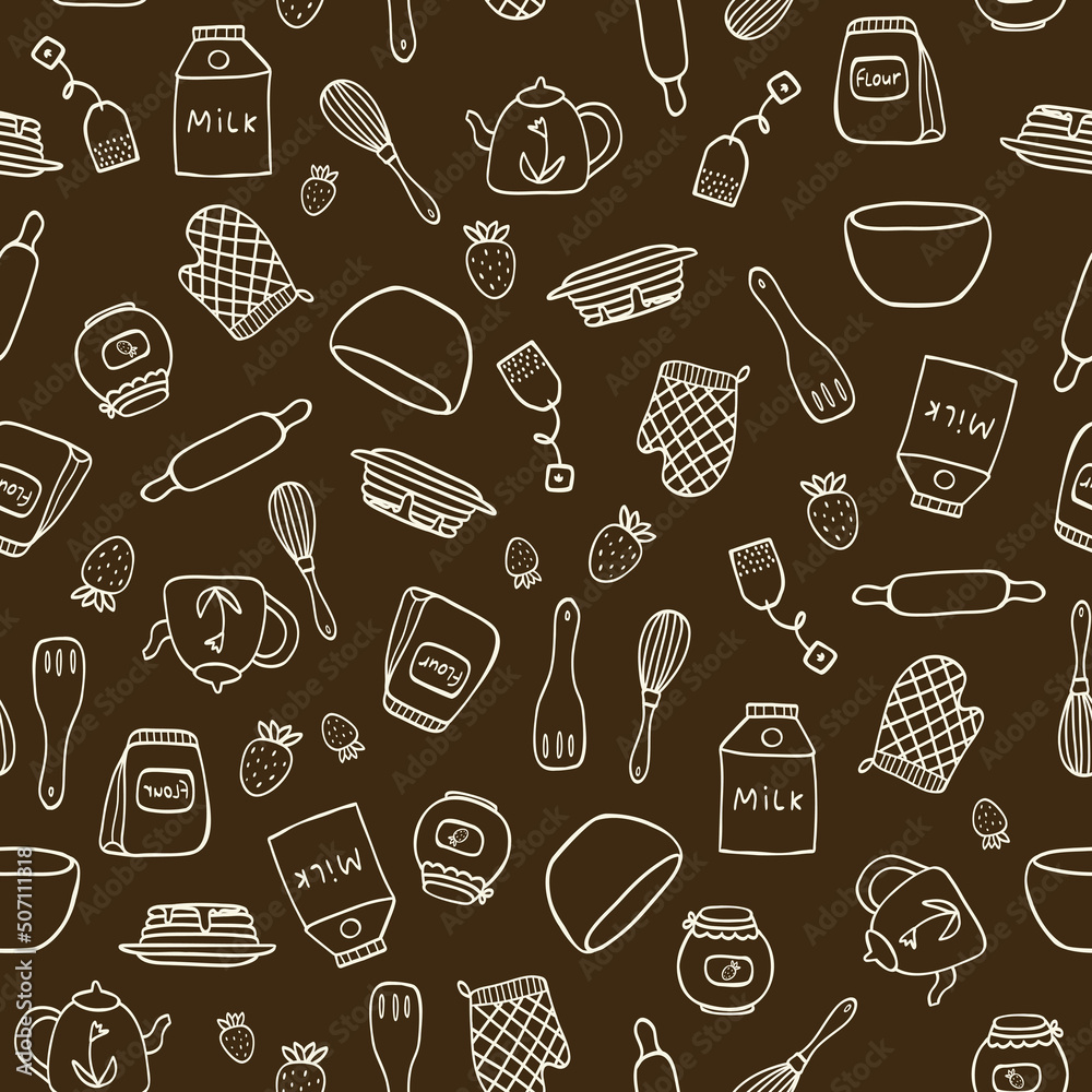 Vector seamless pattern with hand drawn food and kitchen items in ...