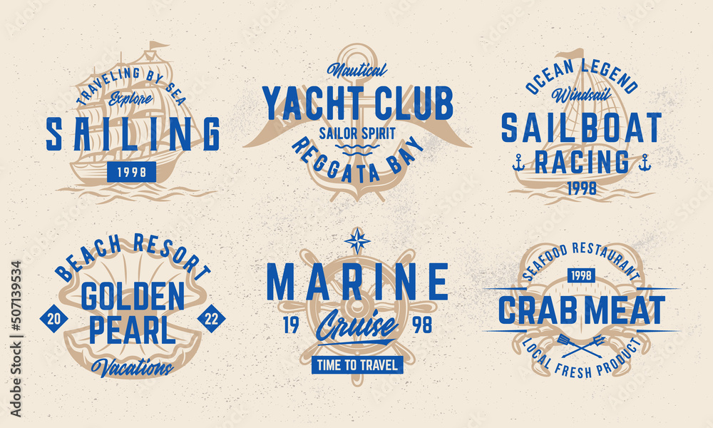 Nautical logo set. Vintage sailing emblems. Marine labels, emblems ...