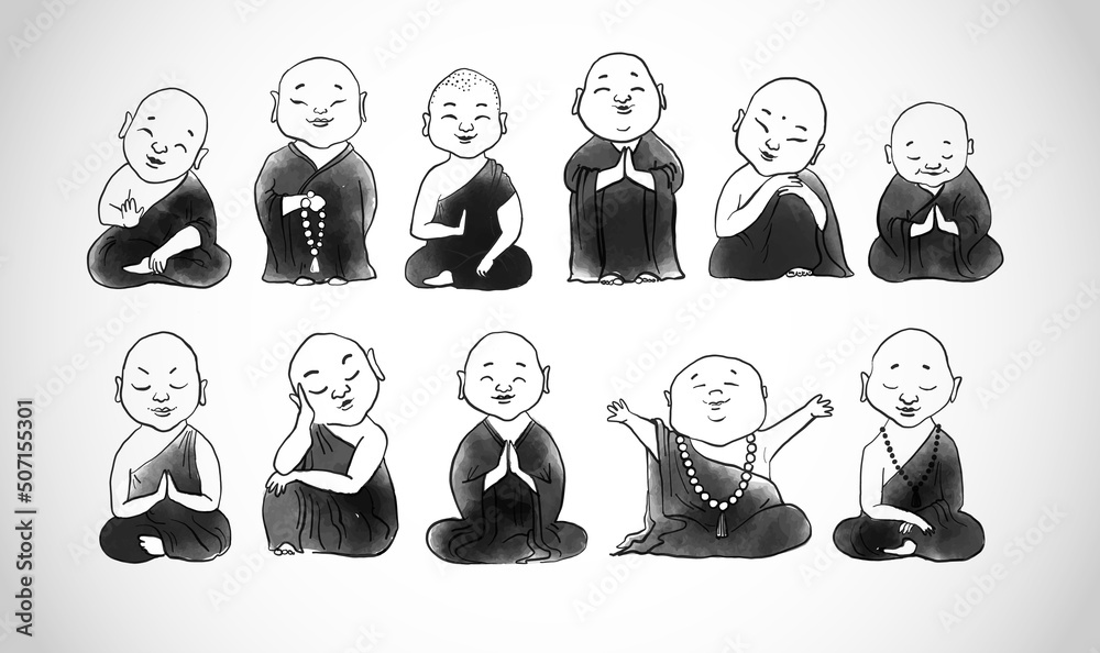 Little meditating buddhist monks. Traditional Japanese ink wash ...