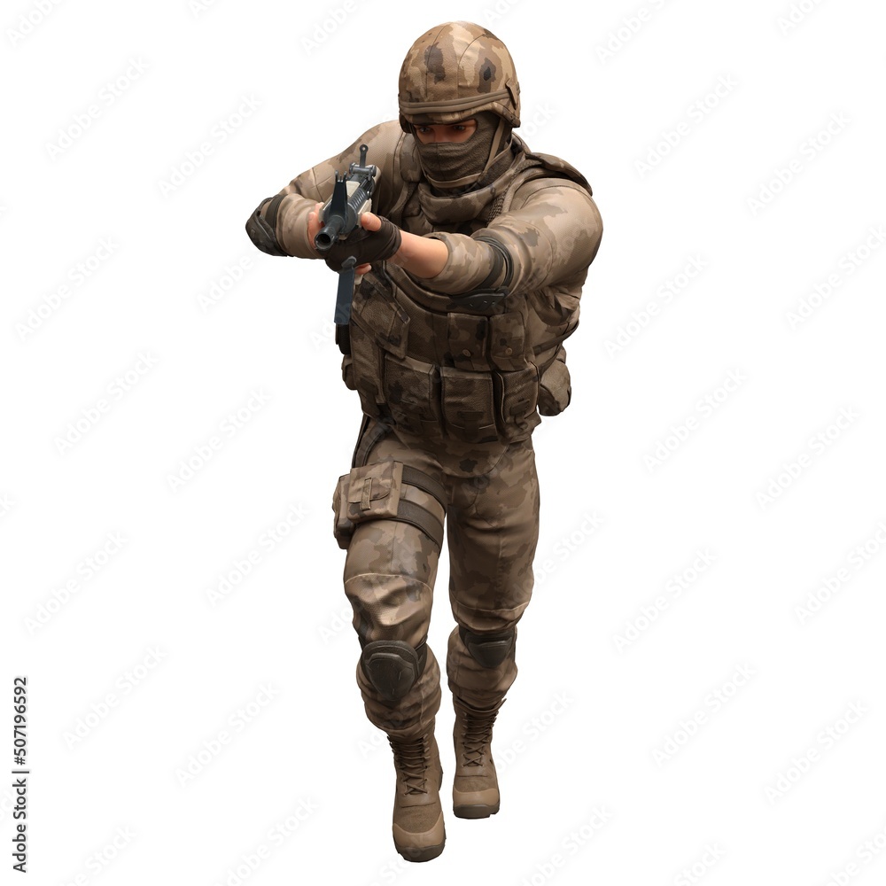 Soldier with a machine gun isolated white background 3d illustration ...