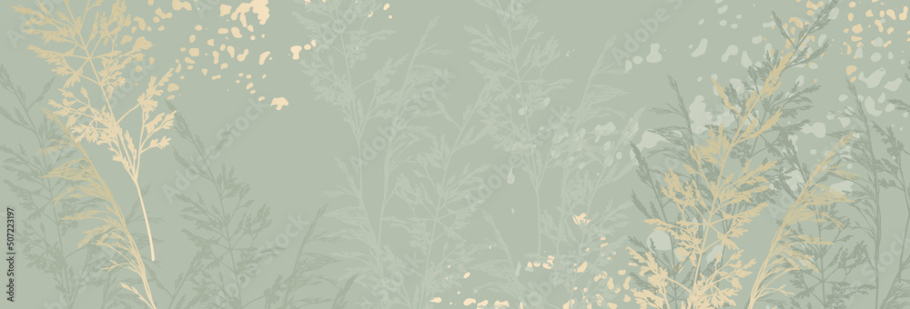 Luxury floral pattern with gold leaves on a pastel green background ...