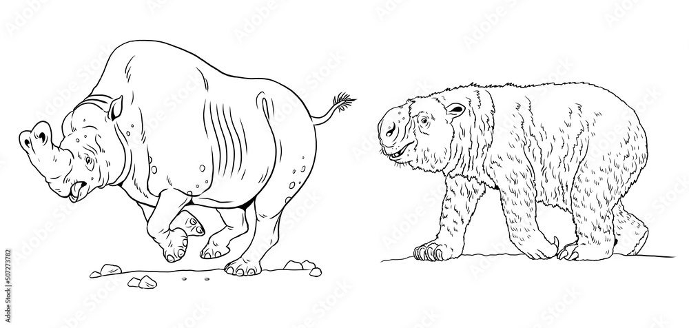 Prehistoric animals - diprotodon and embolotherium. Drawing with ...