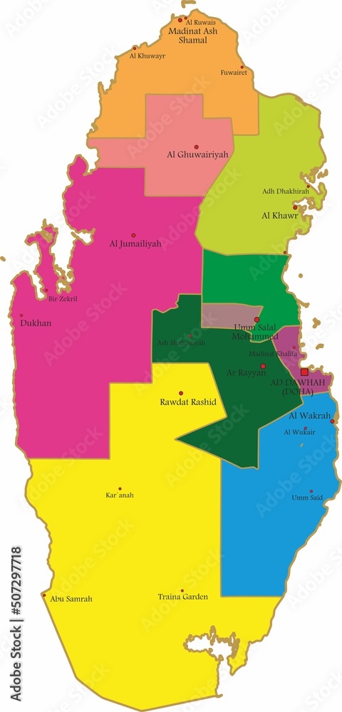 Vector de Stock Vector administrative color map of the state of Qatar ...