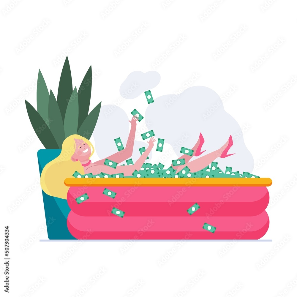 Image vectorielle Stock Woman bathes in luxury. Heap of money, bath ...