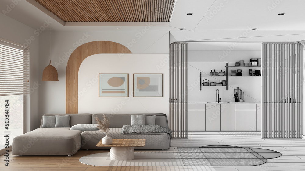 Architect interior designer concept: hand-drawn draft unfinished ...