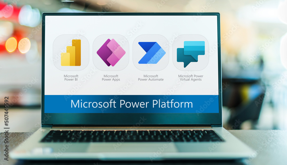 Laptop computer displaying icons of Microsoft Power Platform Stock ...