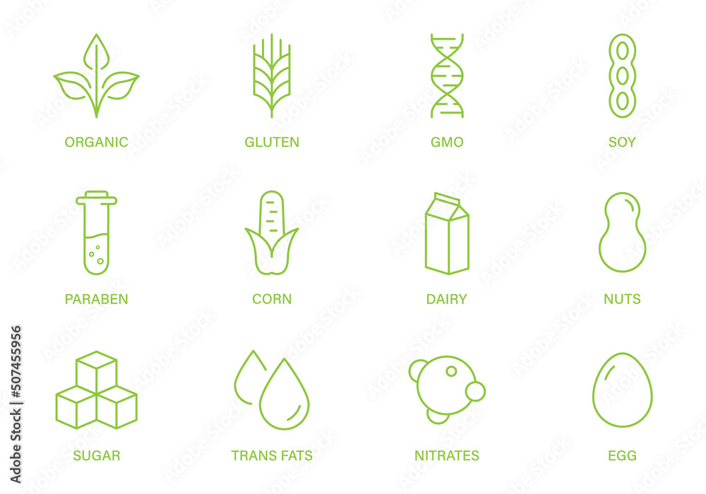GMO, Dairy, Sugar, Gluten, Nuts, Corn, Paraben, Nitrates, Trans Fat ...
