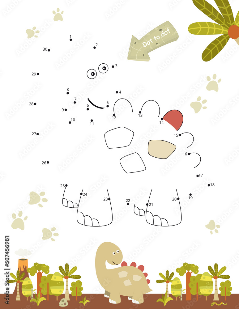 Dinosaurs activities for kids. Dot to dot game – funny little dino ...