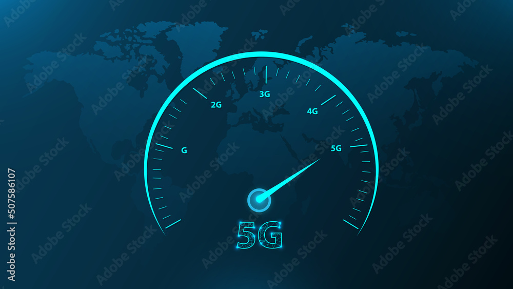 5G Internet Speed Testing meter with glowing colors. Backdrop for world ...