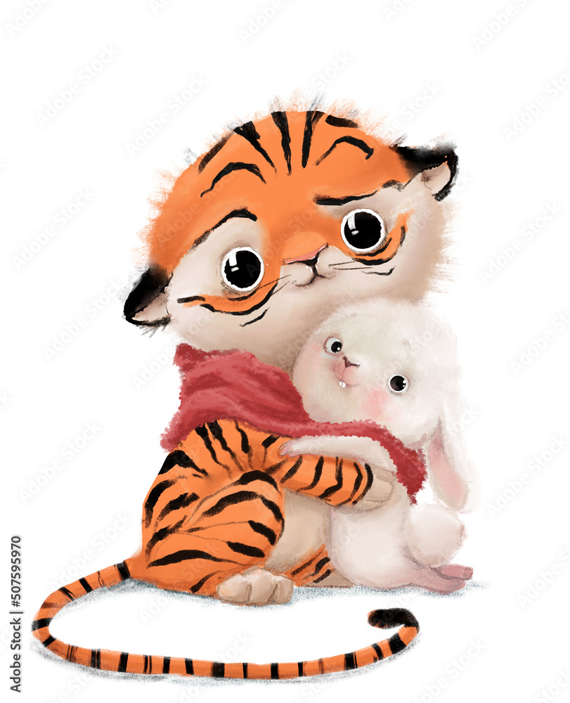 cute cartoon characters - tiger and rabbit hugging Stock Illustration ...