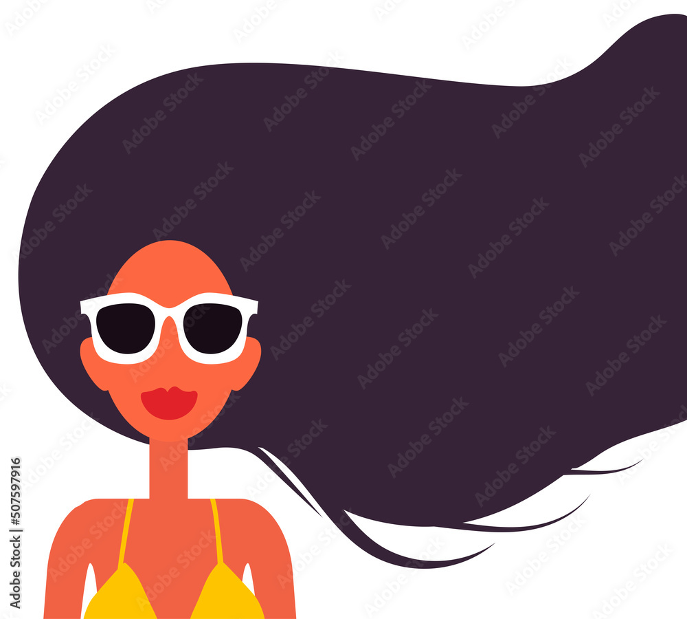 Young beautiful woman with long luxure hair, wearing sunglasses and ...