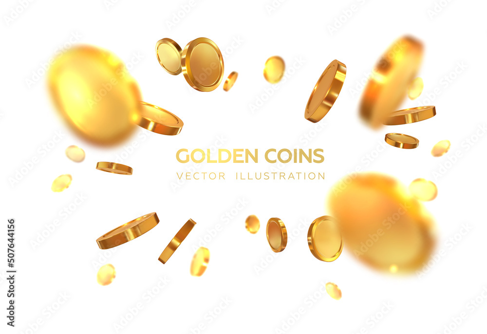 Vector de Stock Scattering realistic, golden 3D coins. Flying isolated ...