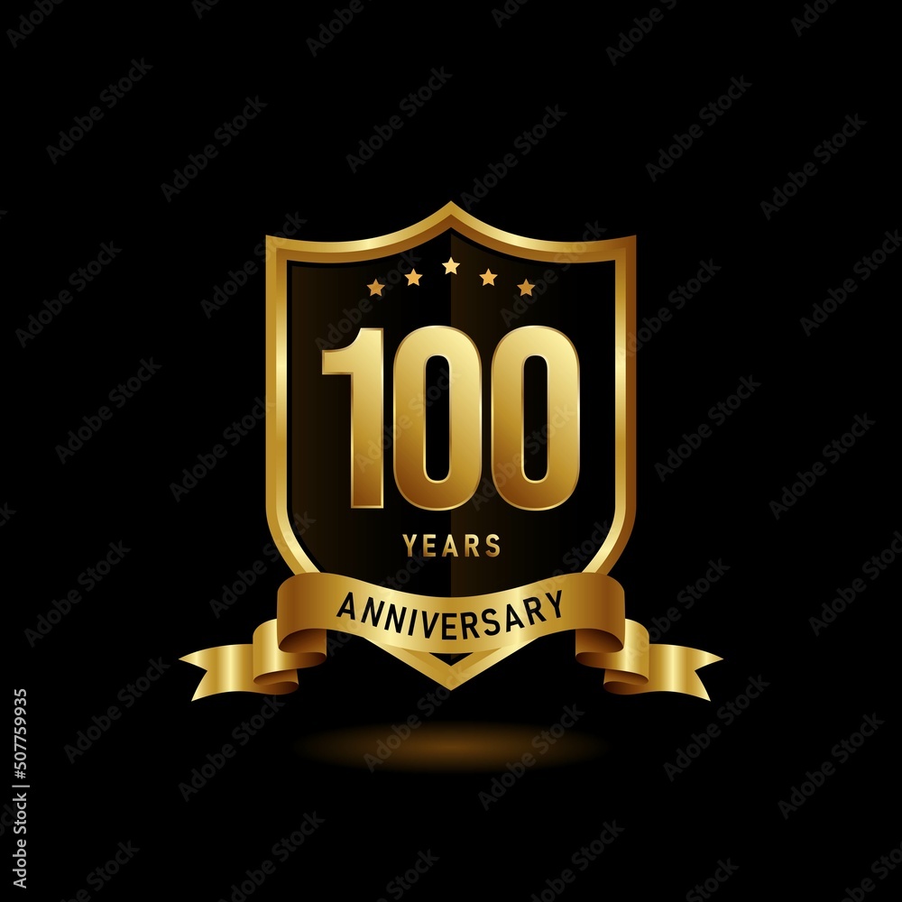 100 years anniversary logo with golden shield and ribbon for booklet ...
