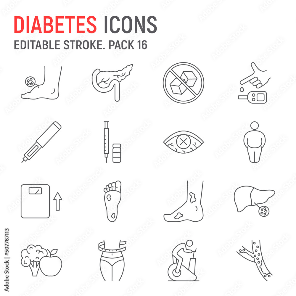 Diabetes disease line icon set, diabetic collection, vector graphics ...