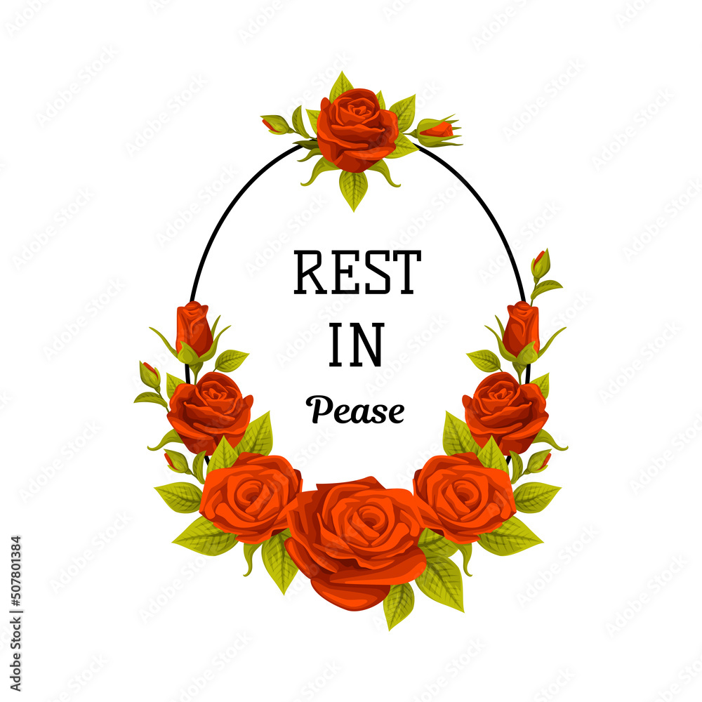 Funeral Red Rose Oval Frame with Rest in Peace Quote and Inscription Vector Illustration Stock ...