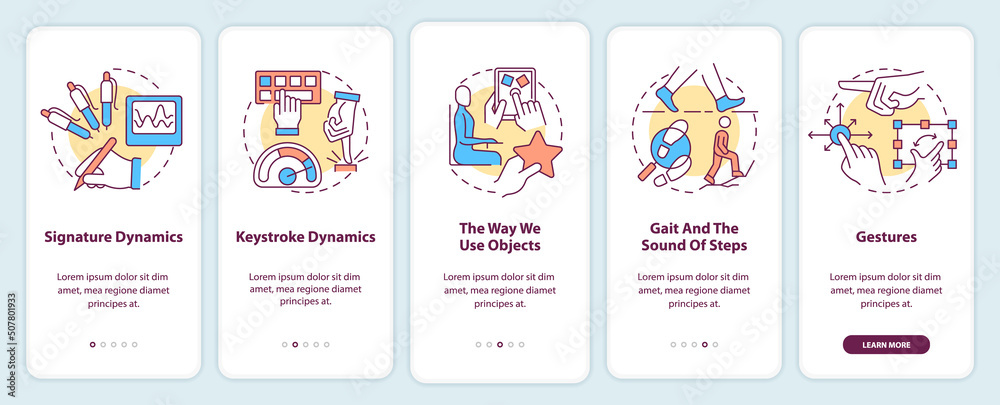 Behavioral measurements onboarding mobile app screen. Biometrics walkthrough 3 steps editable ...