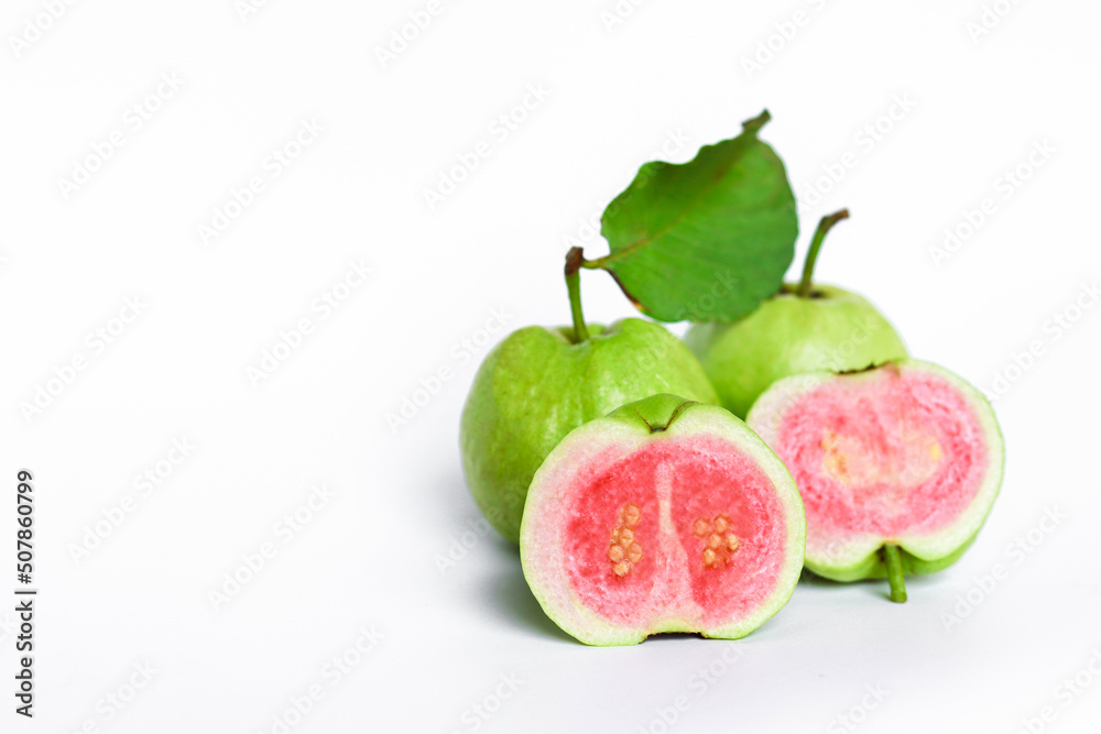 pink guava fruit with leaves isolated on white background Fresh pink ...