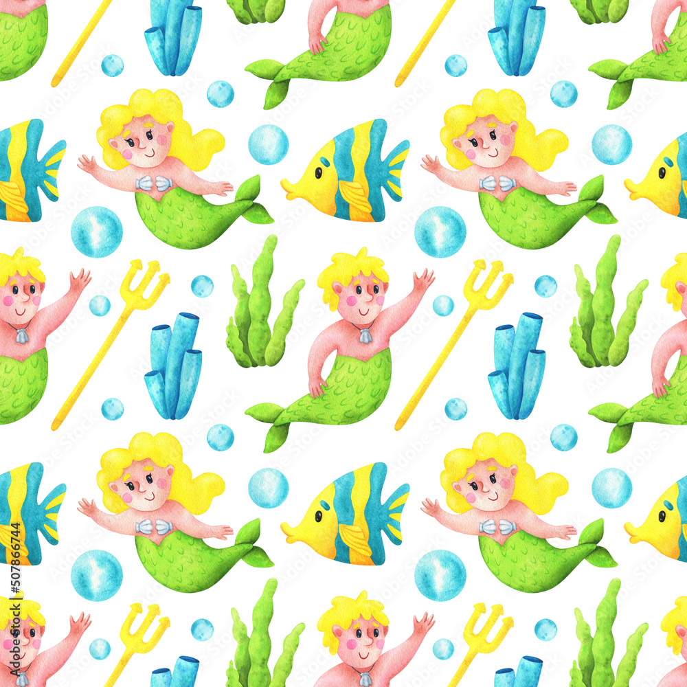 Seamless pattern with female and male mermaids, fish, algae. Marine ...