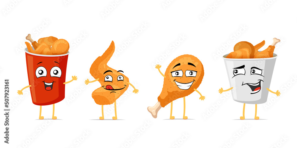 Fried crispy chicken leg and wing funny smiling cartoon character set ...
