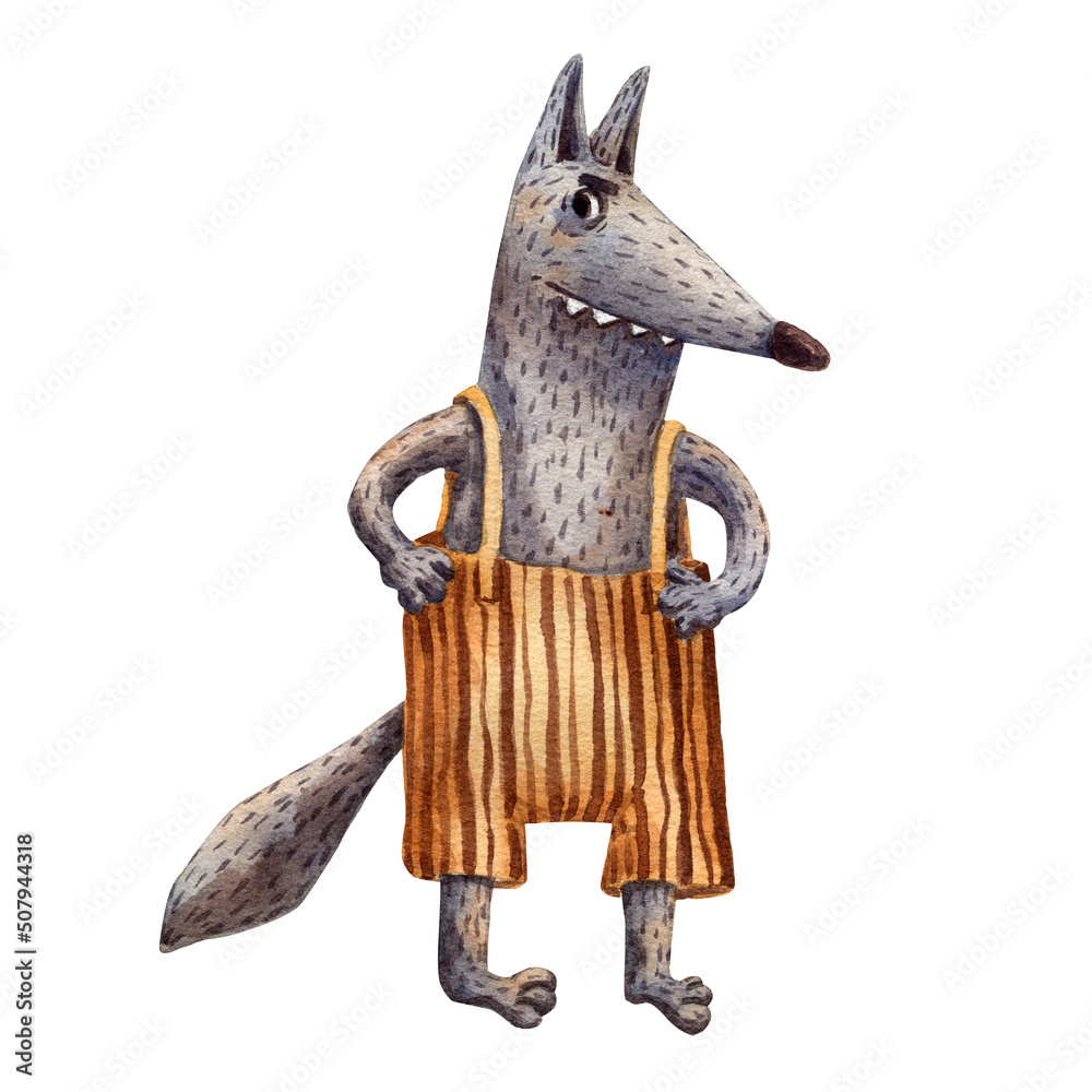Watercolor wolf character. Little Red Ridding Hood character. Scare ...