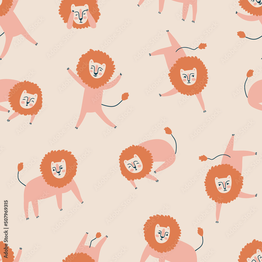 Vector de Stock Lion seamless pattern. Funny characters in different ...