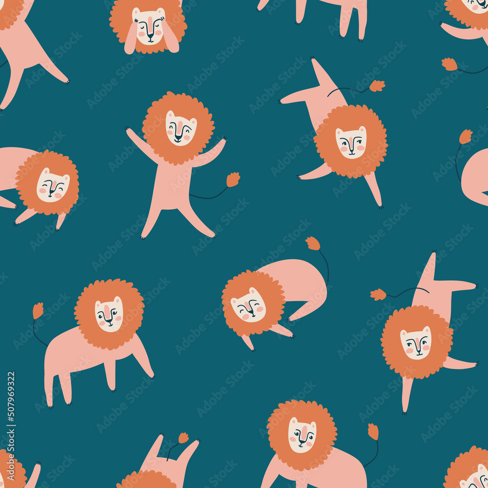 Vector de Stock Lion seamless pattern. Funny characters in different ...