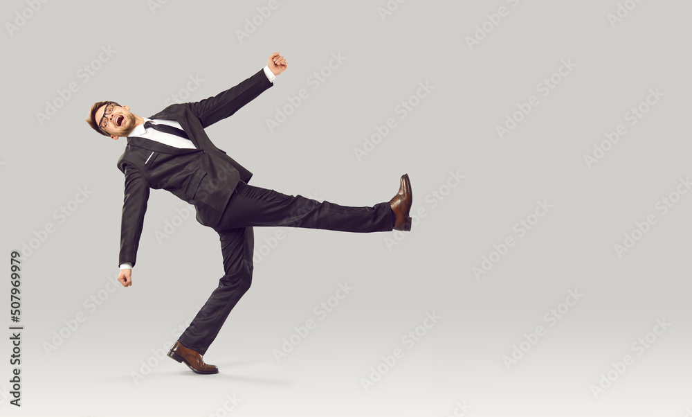 Businessman or office worker behaving in very strange way. Full body ...