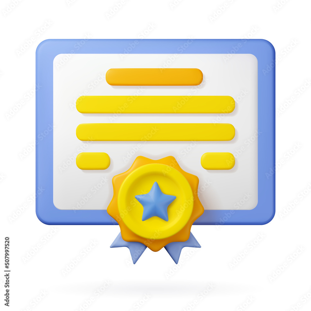 3d certificate diploma icon. Vector render achievement document ...