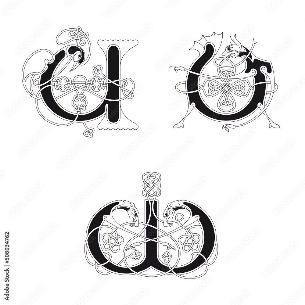 Medieval, Celtic Initial Letter U, V and W combining animal body parts ...