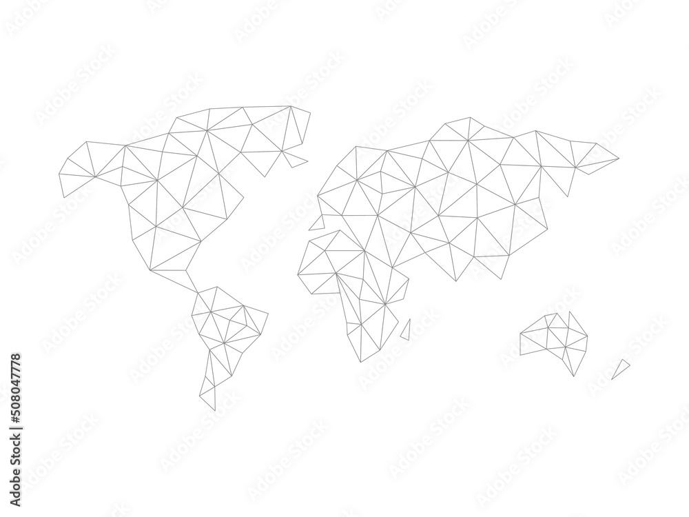 World map with connected triangular shapes. Low poly continents line ...