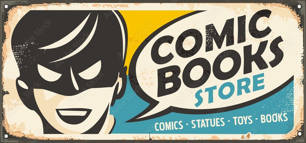 Retro sign shop for comic books store with masked hero portrait ...