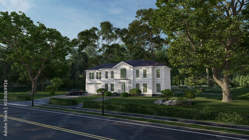 House project. Cottage design in 3D graphics. The facade is made in the ...