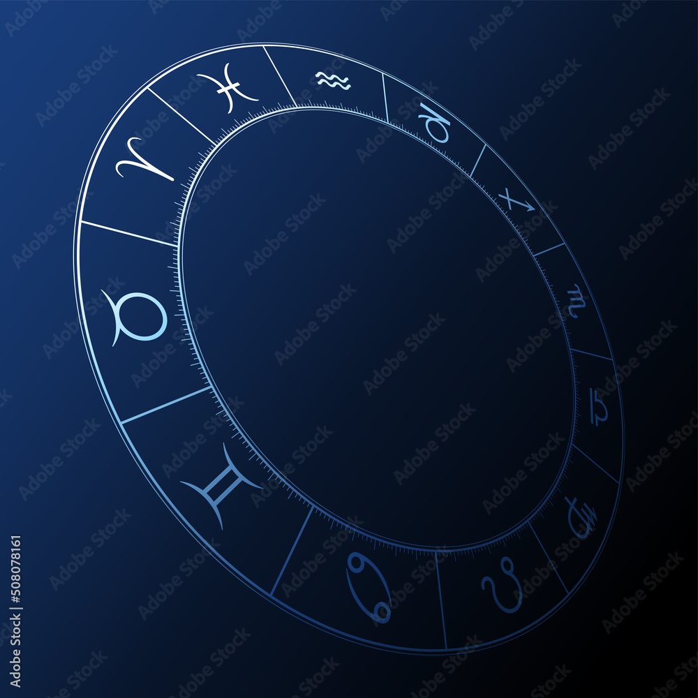 Zodiac circle on a dark blue background. Three dimensional astrological ...