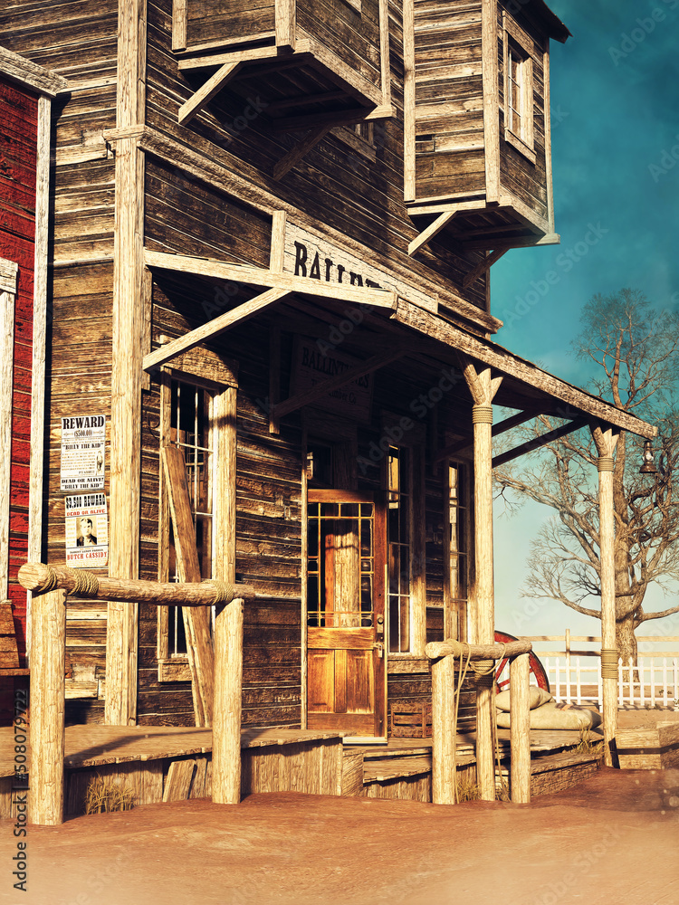 Old wooden building with an open door in a Wild West town. 3D render ...