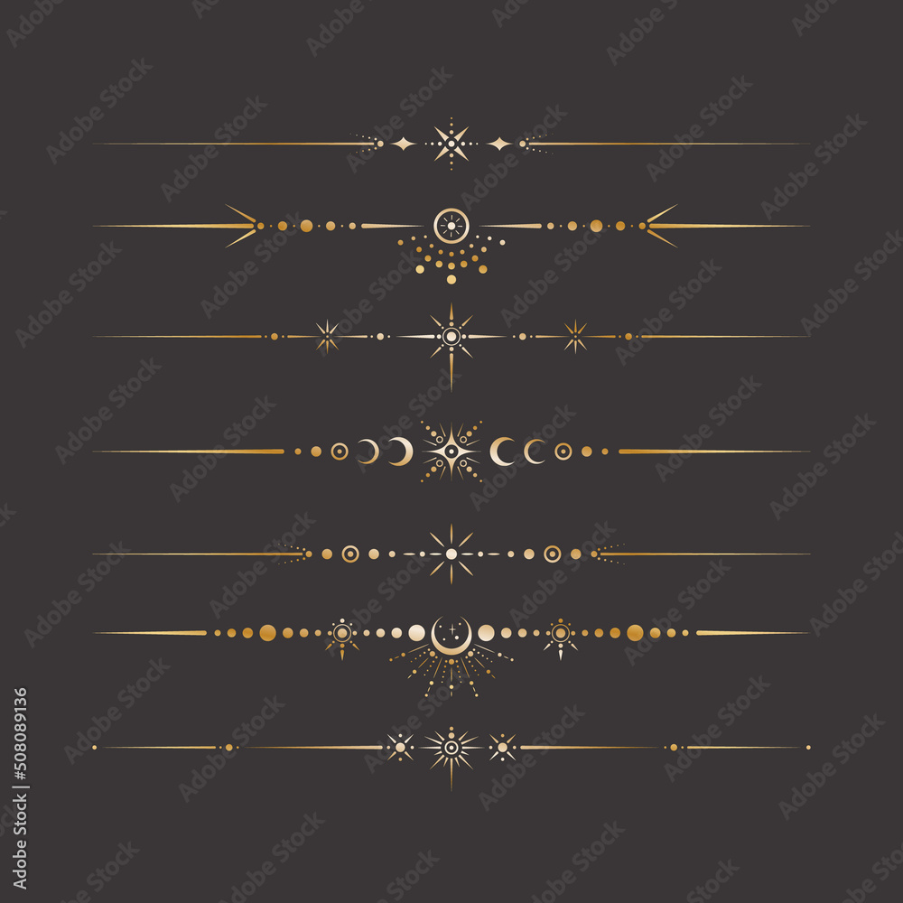 Vector celestial golden border set with stars, moon phases, crescents ...