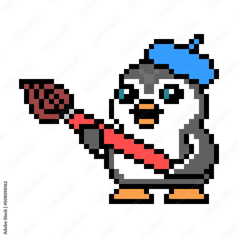 Penguin artist in a beret with a big paintbrush, pixel art animal ...