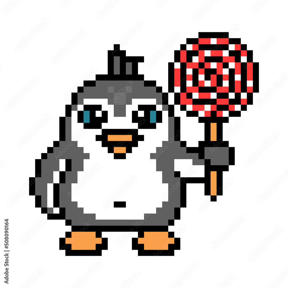 Penguin with a big swirl lollipop on a stick, cute pixel art animal ...