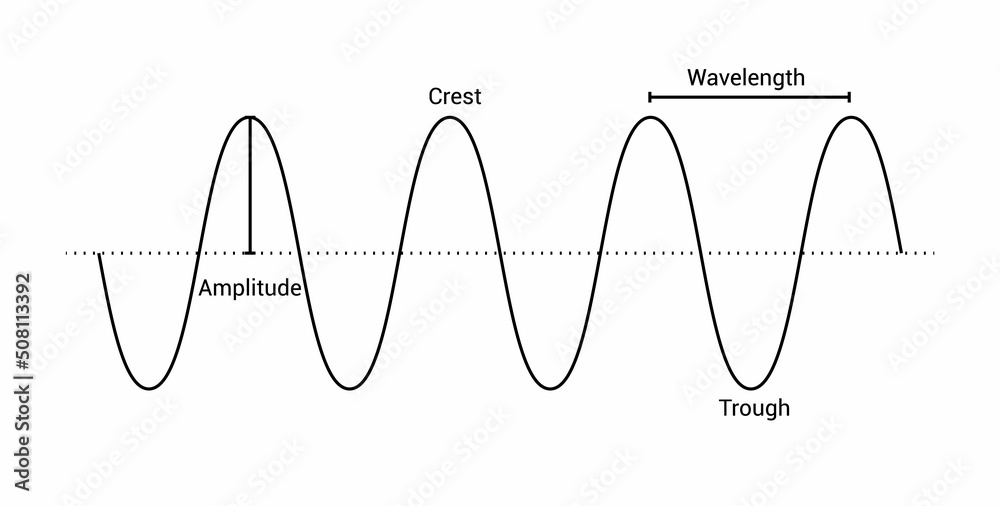 Label the parts of a transverse wave. Crest, trough, wavelength and ...