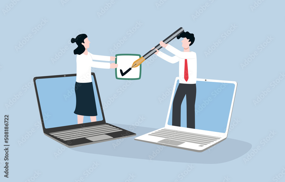 Vector de Stock Remote working, work inspection through online video ...