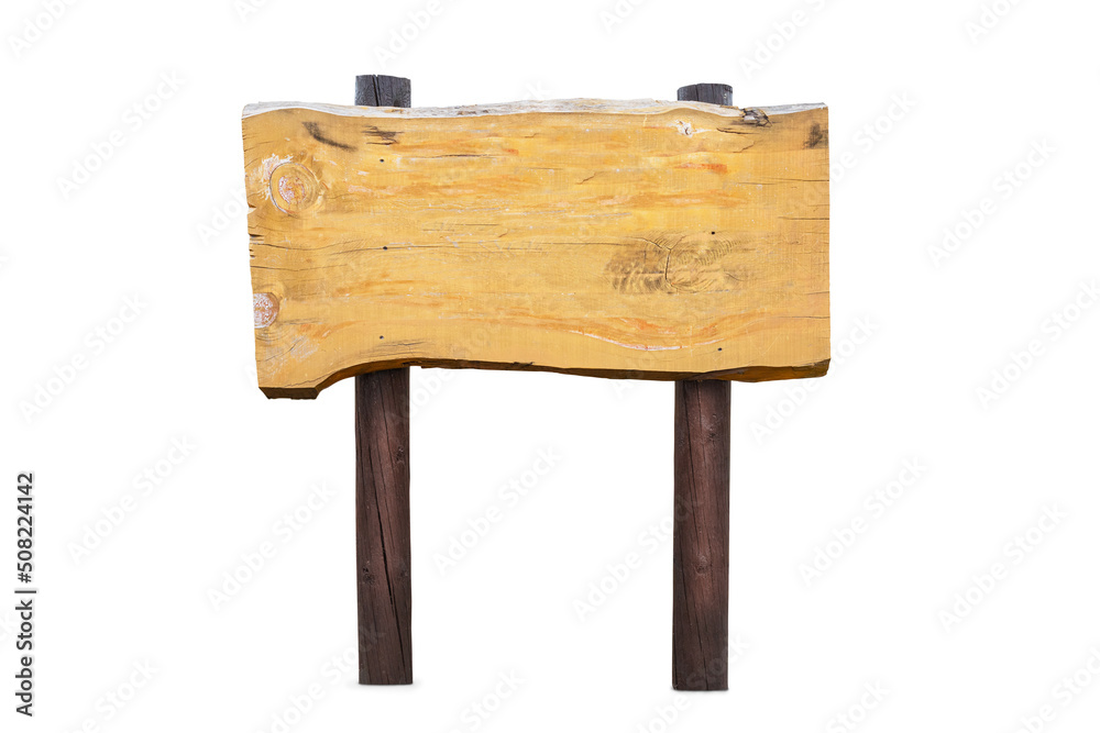 Blank wooden signpost and textured banner isolated on white background ...