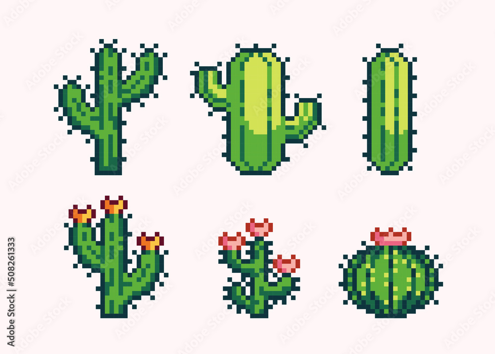 Stock-Vektorgrafik „Cacti pixel art set. Cactus with flowers collection. Desert flora. 8 bit ...