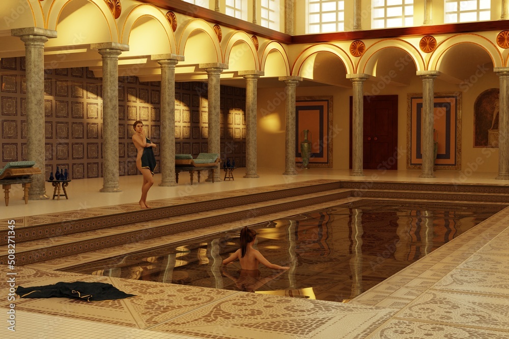 Roman terms. Two women take a bath. 3D Render Stock Illustration ...