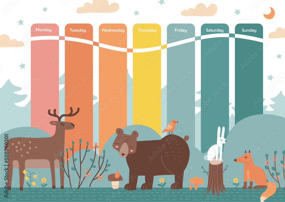 Weekly planner with funny forest animals in doodle scandinavian style ...