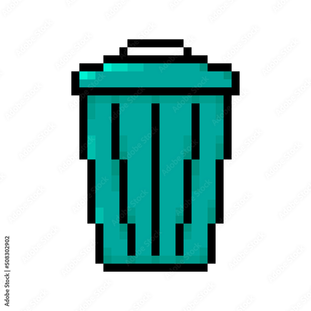 Pixel trash can icon. Bin. Color silhouette. Front side view. Vector ...