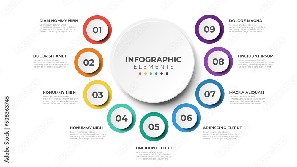 9 list of steps, circular layout diagram with number of sequence, infographic element template ...